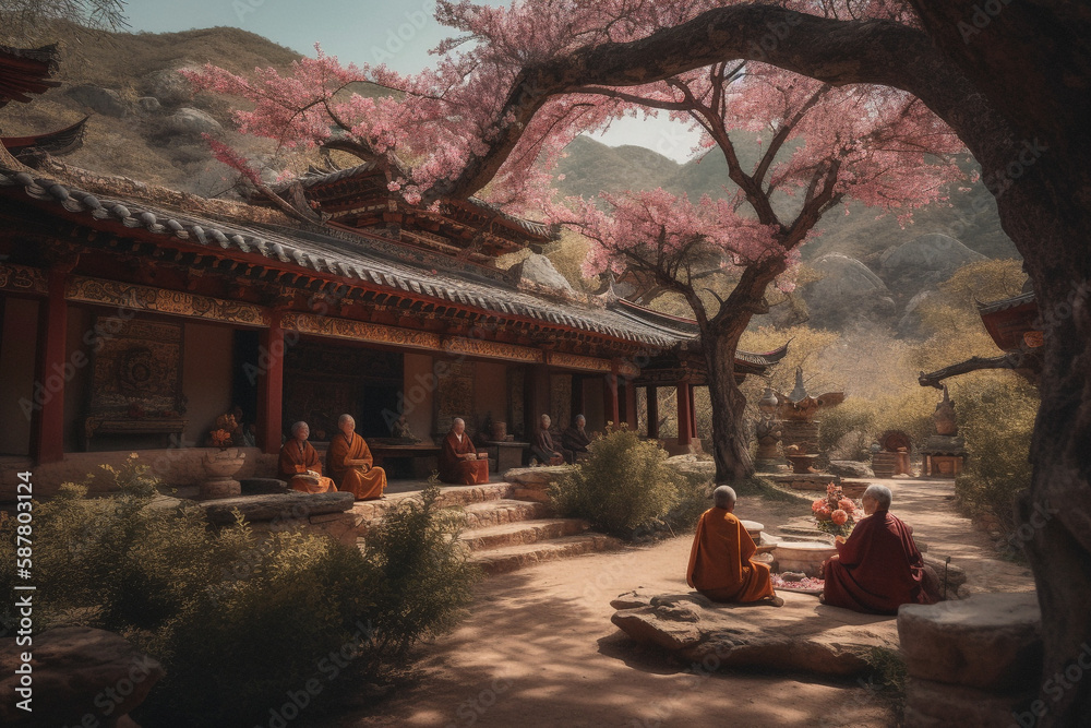 a serene temple inhabited by monks nesteled between mountains and ...