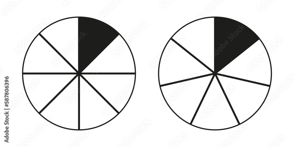 Pie chart, diagram set, eight and seven sections or steps. Circle icons ...