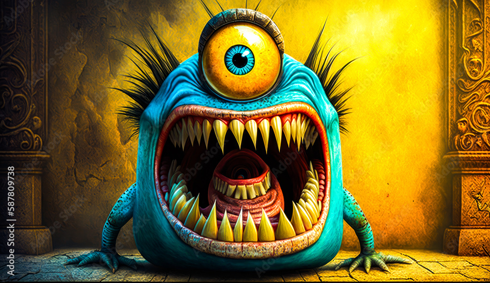 Cartoon monster with its mouth open and teeth wide open. Generative AI ...