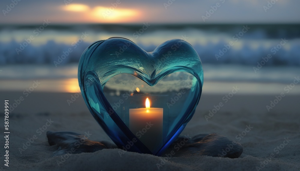 Blaues Herz-Glas mit weißer Kerze im Inneren am romantischen Strand ...