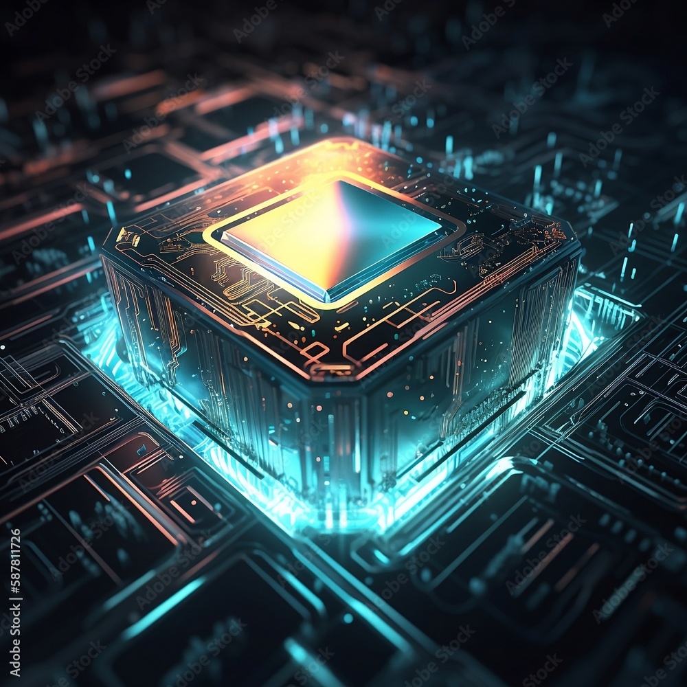 3D illustration that displays key elements of computer technology. The ...