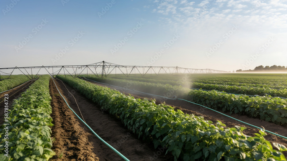 Irrigation system on agricultural soybean field, rain gun sprinkler on ...