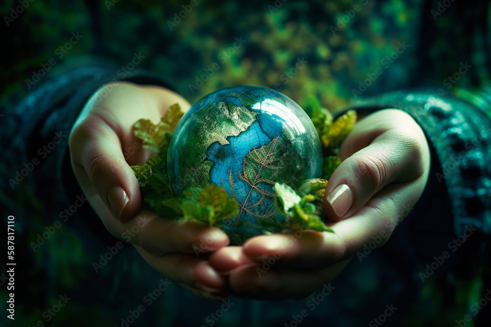 A symbol of preserving nature, with hands holding a green Earth globe ...