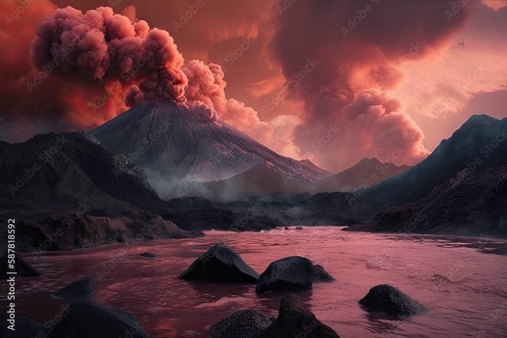 volcanic eruption with a large plume of smoke and ash rising from the ...