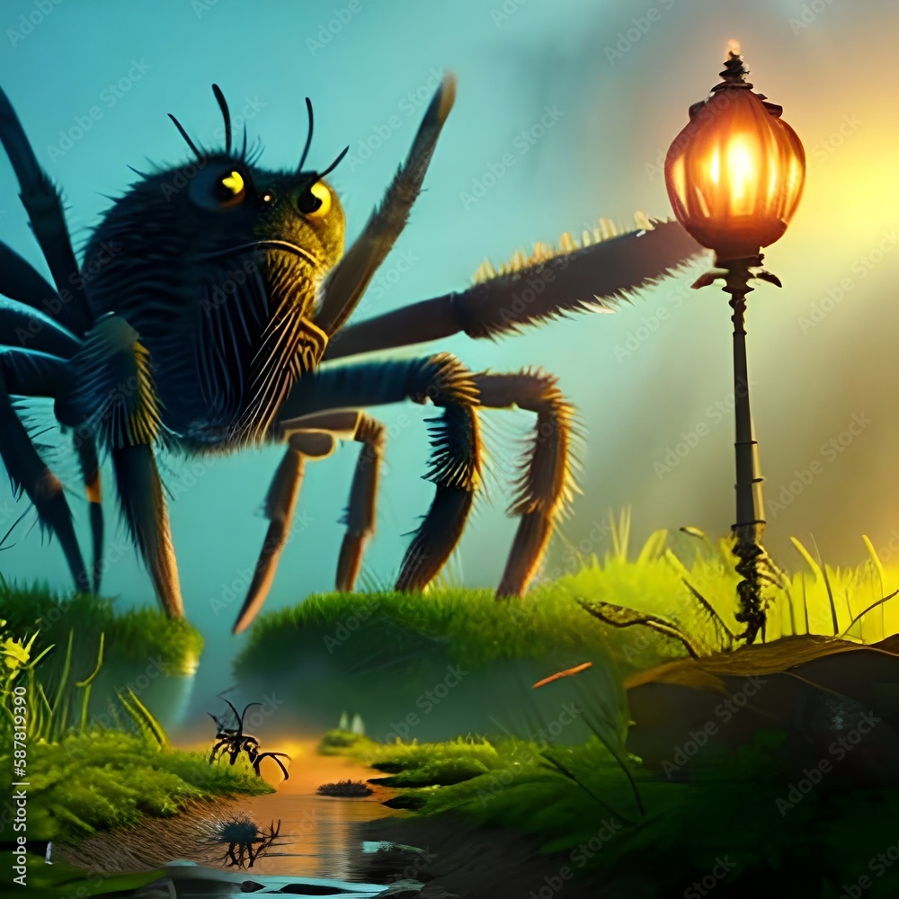 Brave hero lights way with lantern, stands in front of huge spider with ...