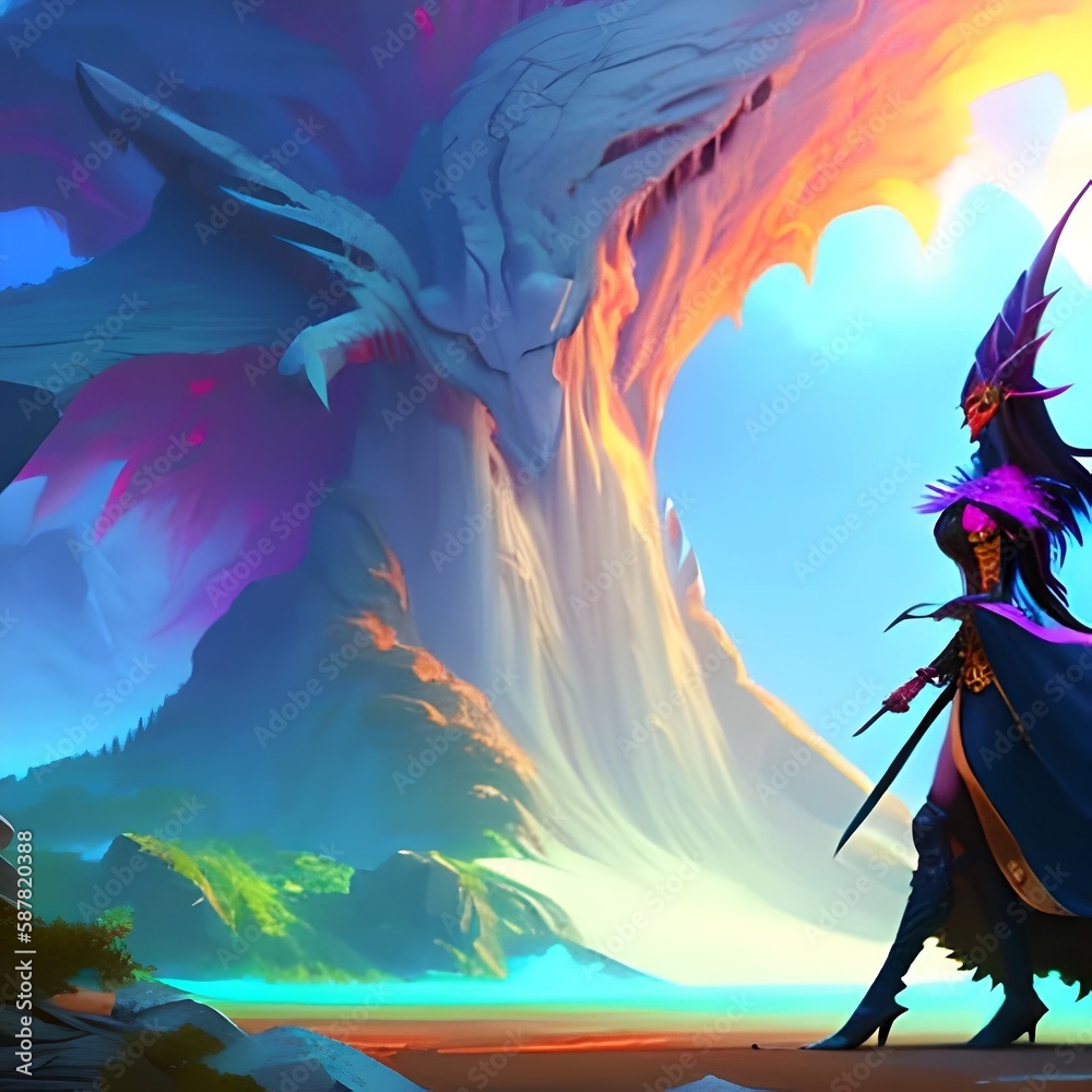 Mage woman summoning a giant creature. Colorful Landscape. 3D ...