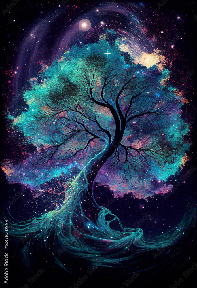 Tree of the universe on cosmic background. Abstract colorful fantasy ...