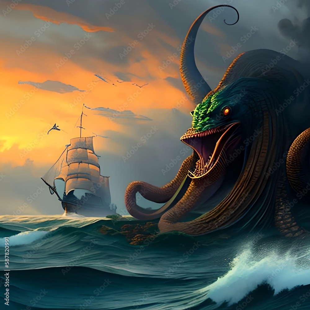 Digital painting of fantasy scene showing Cthulhu the giant octopus ...