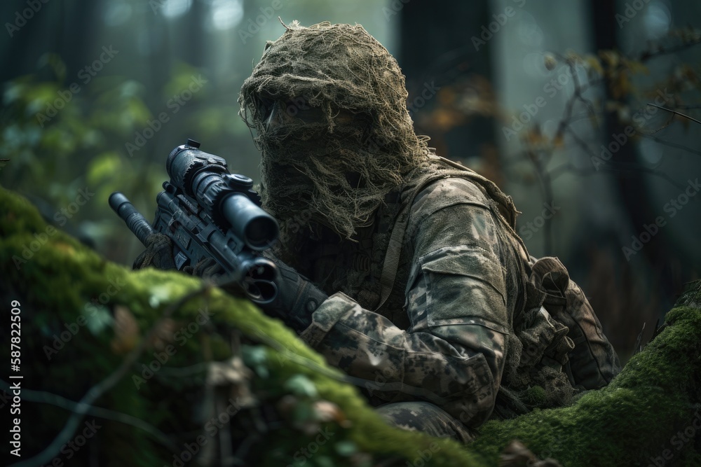 Sniper hidden in the woods taking aim to shoot. The image conveys a ...