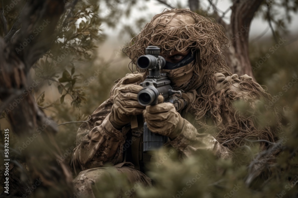 Sniper hidden in the woods taking aim to shoot. The image conveys a ...