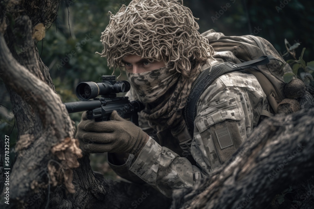 Sniper hidden in the woods taking aim to shoot. The image conveys a ...