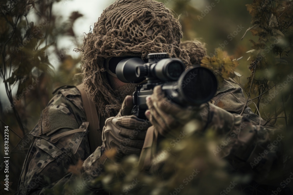 sniper hidden in the woods taking aim to shoot. The image conveys a ...