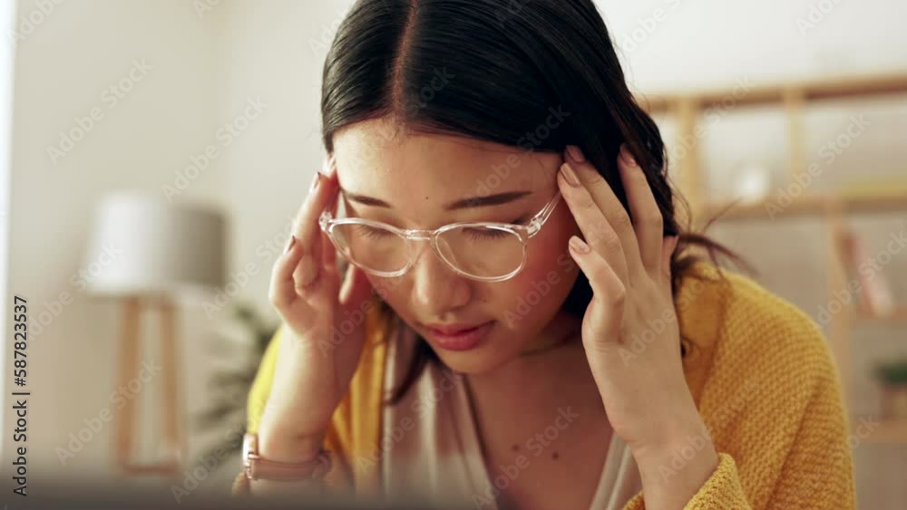 Stress, remote work and a woman with headache pain, elearning and ...