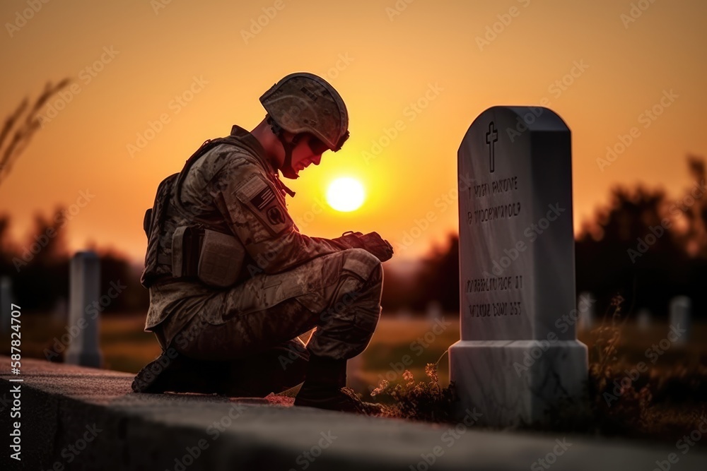 Military man kneeling of grave fallen soldier, sunset. Concept veteran ...