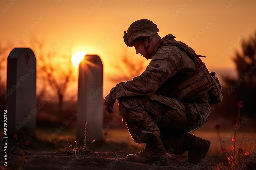 Soldier Kneeling At Grave Silhouette