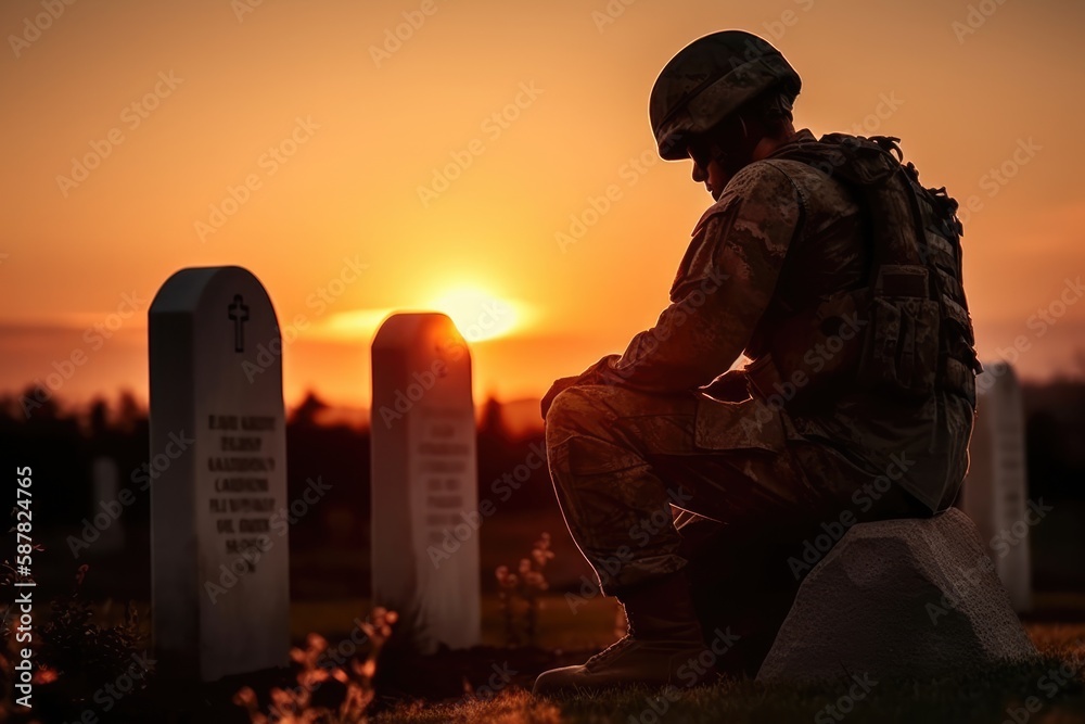 Military man kneeling of grave fallen soldier, sunset. Concept veteran ...