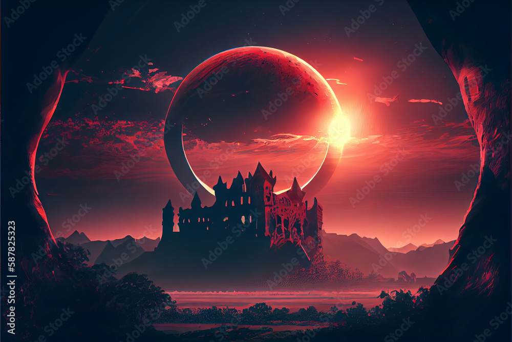 red sky and old castle with towers on the hills. Landscape of mountains ...