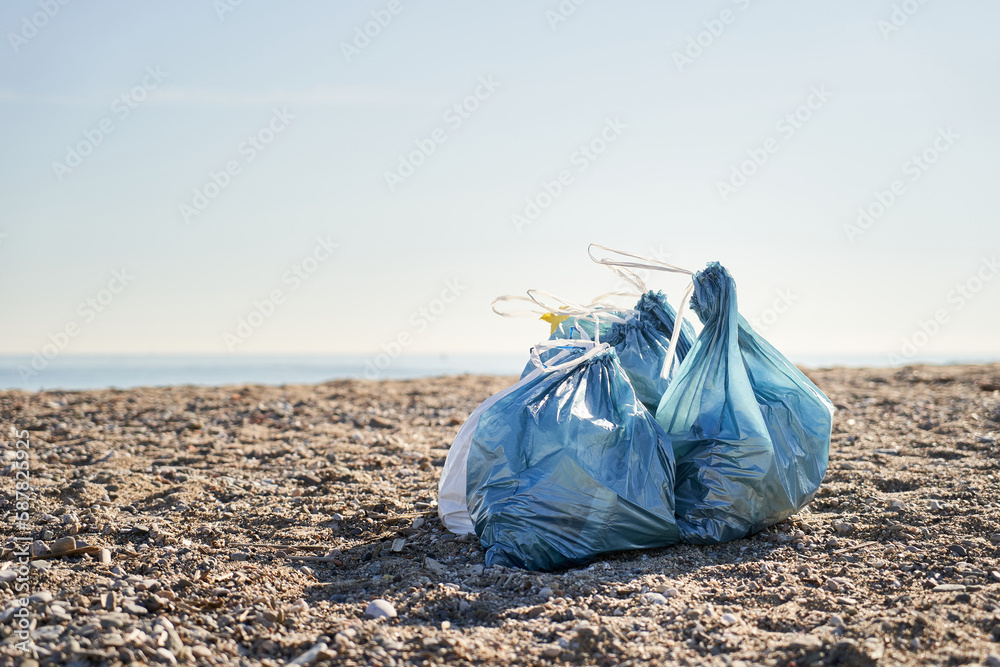 Blue garbage bags full of plastics on the beach. Volunteers aware of ...