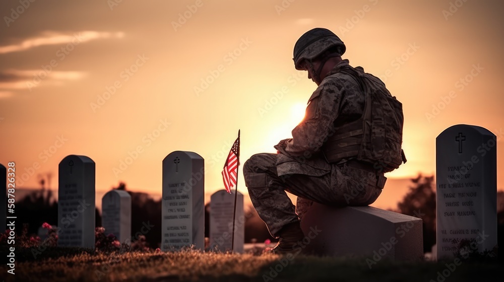 Military man kneeling of grave fallen soldier, sunset. Concept veteran ...