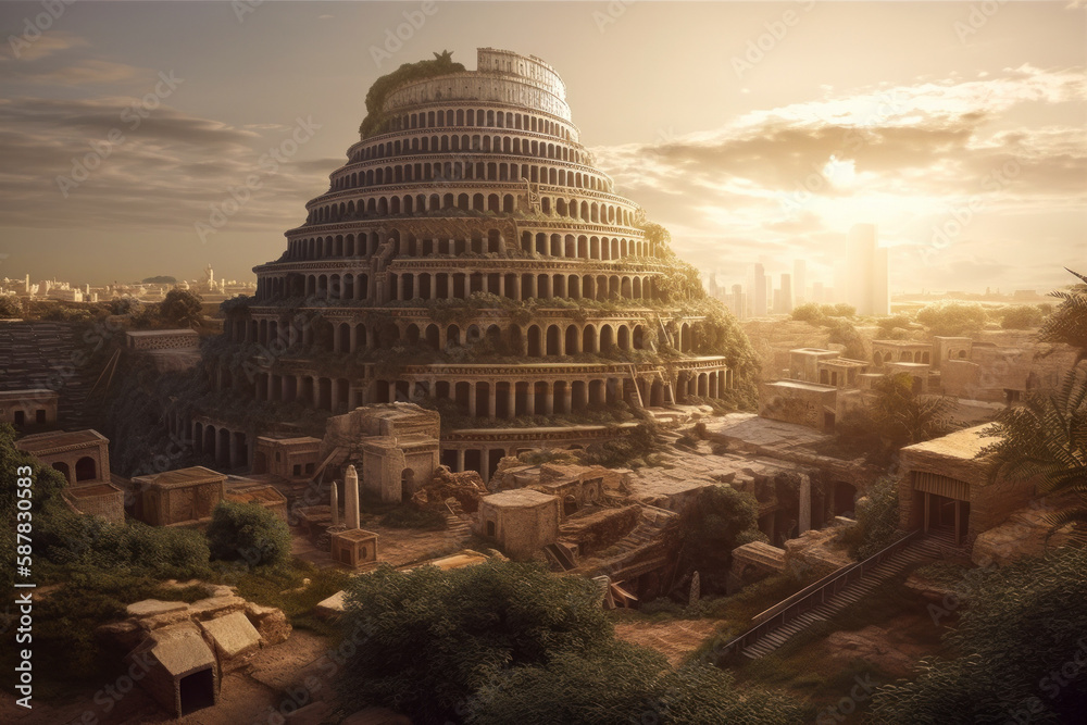 Ancient city of Babylon with the tower of Babel, bible and religion. AI ...