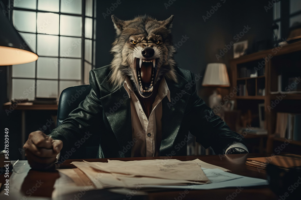 Furious wolf in classic business suit tearing sheets of paper ...
