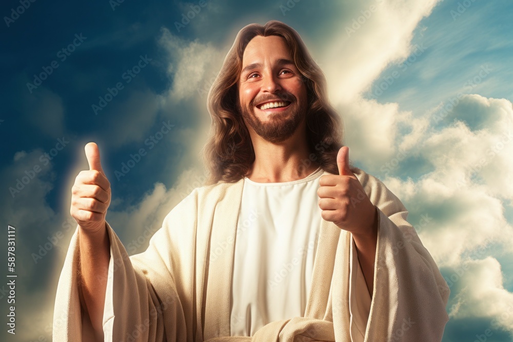 Jesus Christ with positive emotion and good mood. Thumb up. AI ...