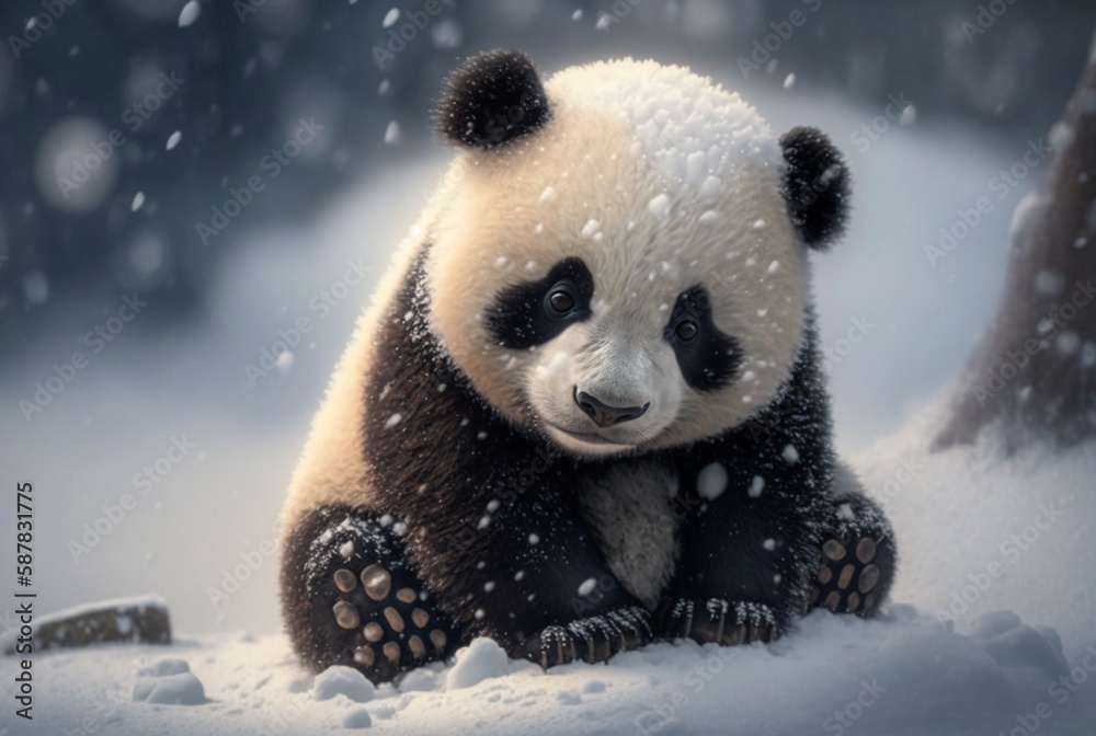 Cute Panda baby playing in snow winter, Generative Ai Stock ...