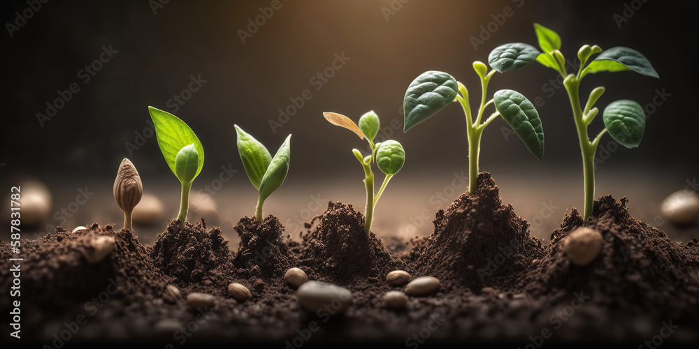 Seedlings growing from the ground. germinating seeds, created with ...