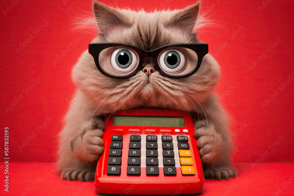 Shocked cute cat in glasses with surprised eyes and calculator, created with Generative AI ...
