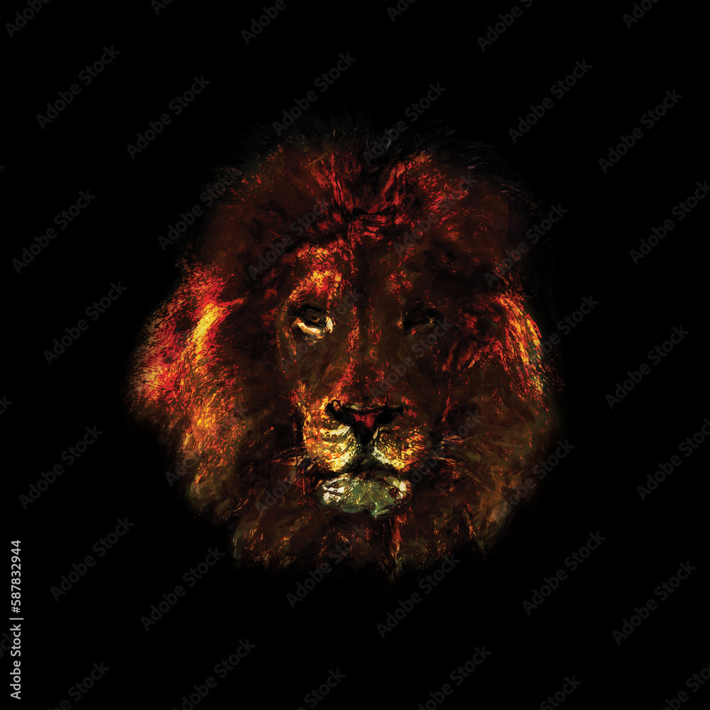 Painted Lion Head Centered on Black Background features an intensely ...
