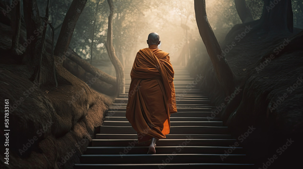 Buddhist monk walking up the temple stairs - by generative ai Stock ...