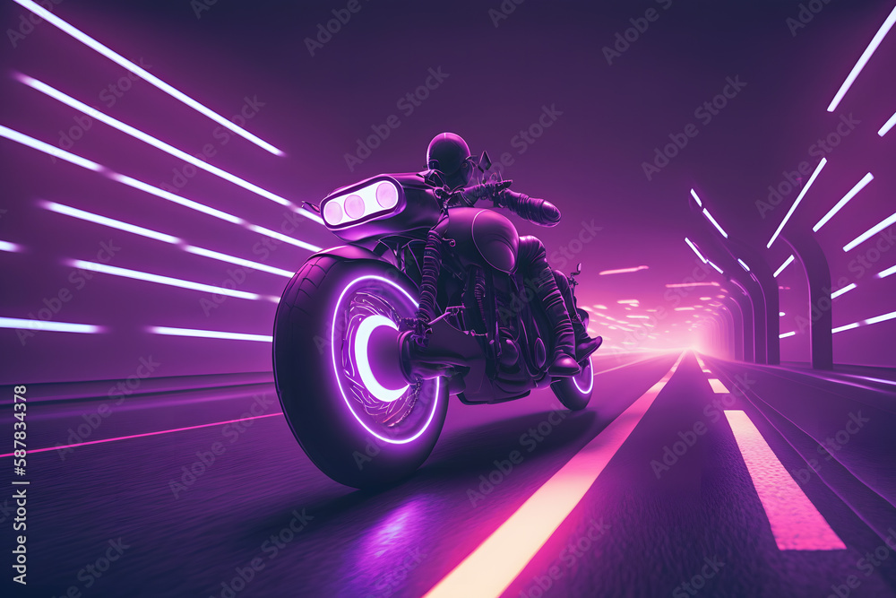 Futuristic biker on a retrowave sunset with a glitch and high-speed ...