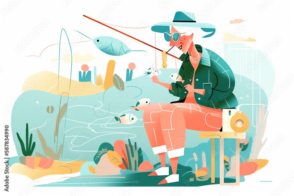 Senior woman fishing on bright background, concept of Recreation and ...