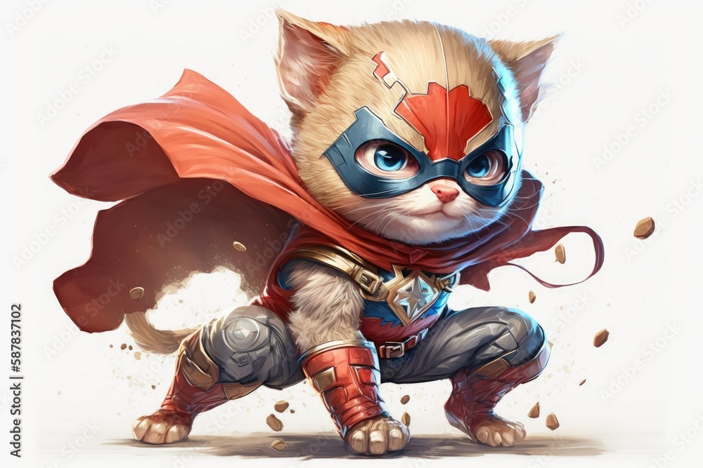 cartoon style super hero cat wearing a red cape and dark mask, tan hero ...