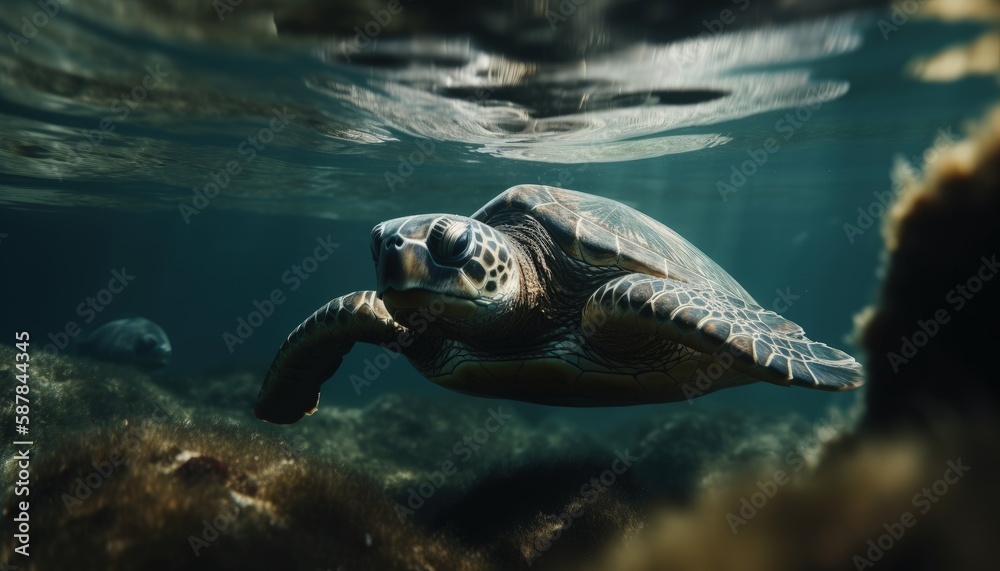 turtle swimming in the sea, underwater photo of a turtle with a monocle ...