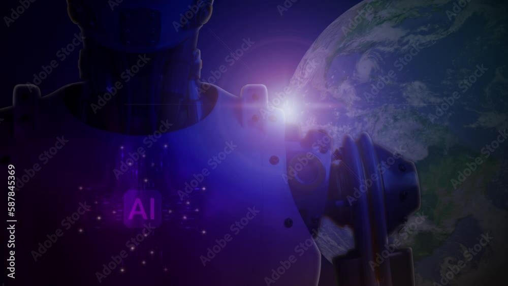 Robot with AI icon on global background provide access information. Artificial intelligence ...