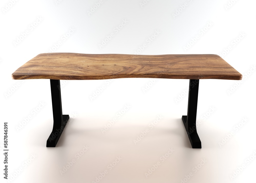 Wooden lacquered table with black metal legs on white background ...