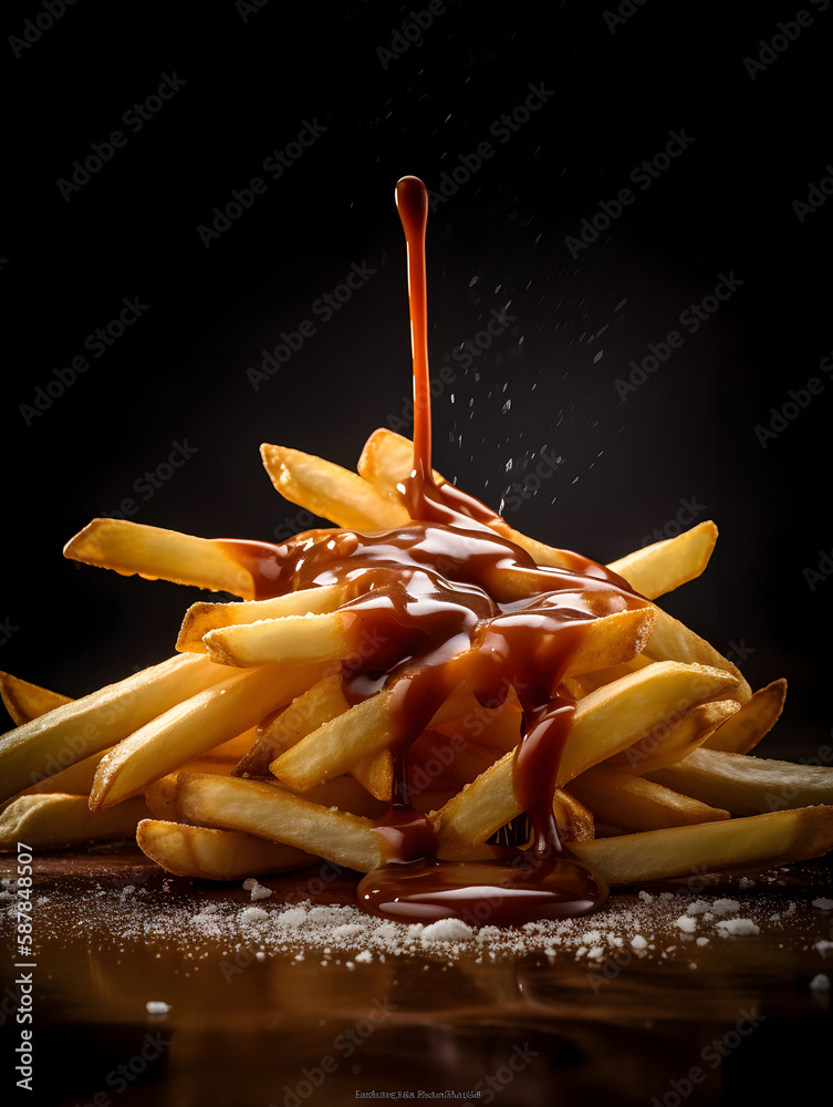 Sauce falling midair onto crispy fries 4k food photography junk food ...