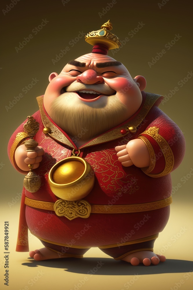 3D cute chubby Cai Shen, the Chinese god of wealth and fortune, cartoon style. AI generated ...