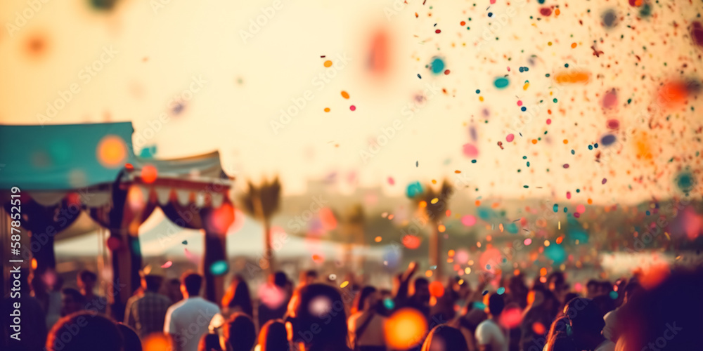 Party beach. Blurred people having night beach party in summer vacation ...