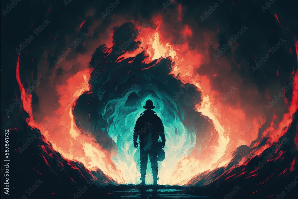 Courageous fireman holding an axe, bravely facing a terrifying ...