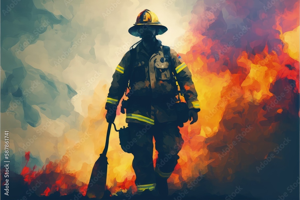 Courageous fireman holding an axe, bravely facing a terrifying ...