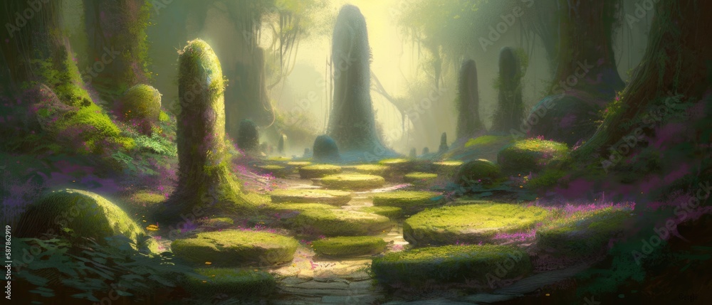 Sacred forest glade with ancient rune stone and altar offering stones ...