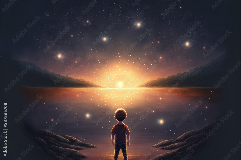 A breathtaking sight of a young child encircled by shimmering heavenly ...