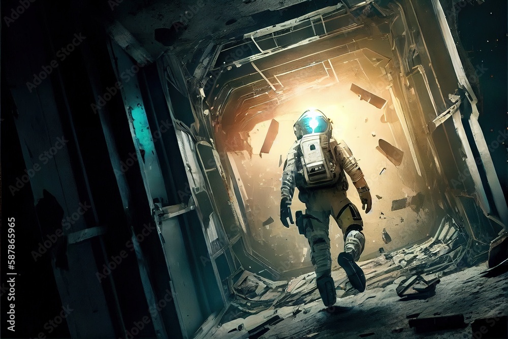 Zero G emergency space evacuation concept, astronaut floating and ...