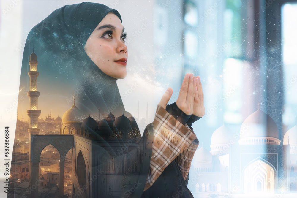 A double exposure image shows a Muslim woman wearing a long Islamic ...