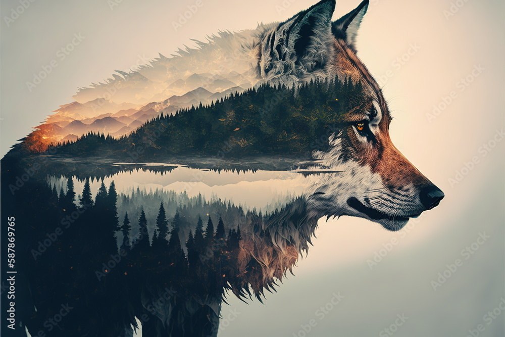 Lone wolf portrait on wondrous double exposure natural background of ...