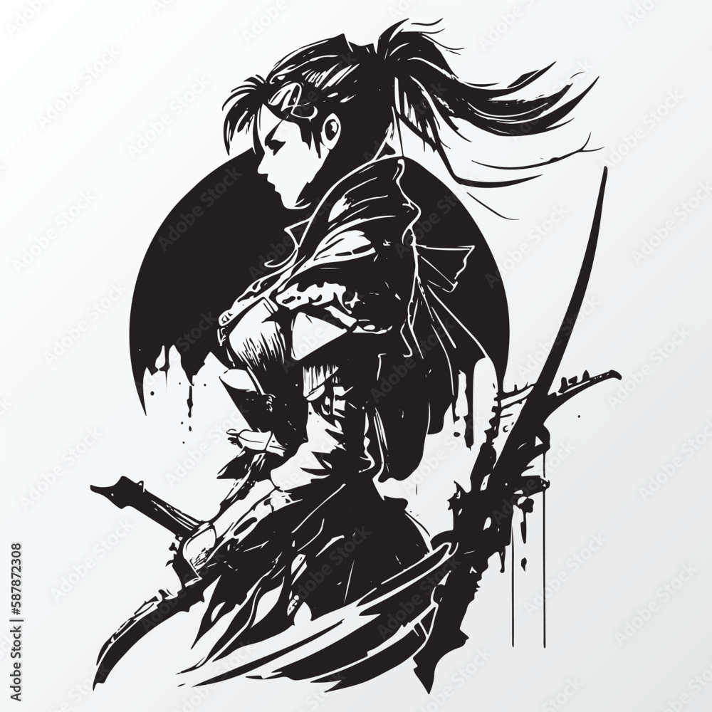 Cartoon samurai women character sketch in anime style Stock Vector ...