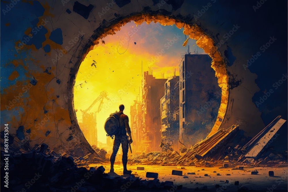 Man in devastated metropolis observing enigmatic circle on earth in ...