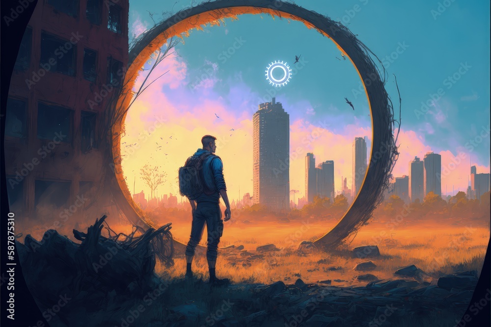 Man in devastated metropolis observing enigmatic circle on earth in ...